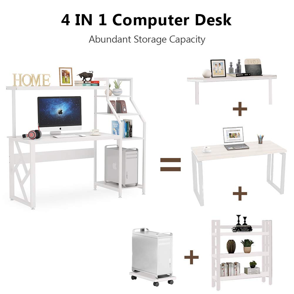 Tribesigns Home Office Computer Desk with Hutch Storage Shelves, 60 inch Large Computer Table Studying Writing Desk with 4-Tier Bookshelf and Tower Storage, Workstation for Space Saving (White)