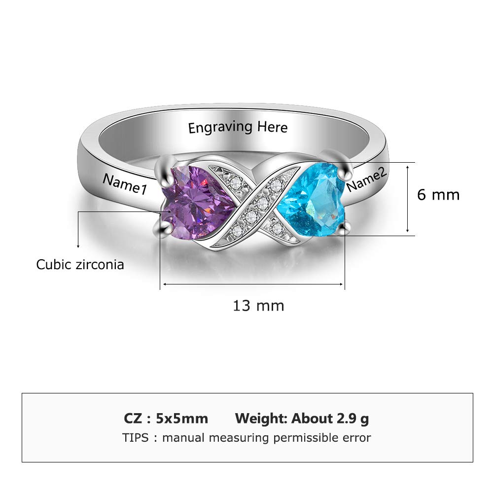 Tian Zhi Jiao Customized 2 Heart Simulated Birthstone Mothers Ring Engraved 2 Names Personalized Promise Ring for Women (6)