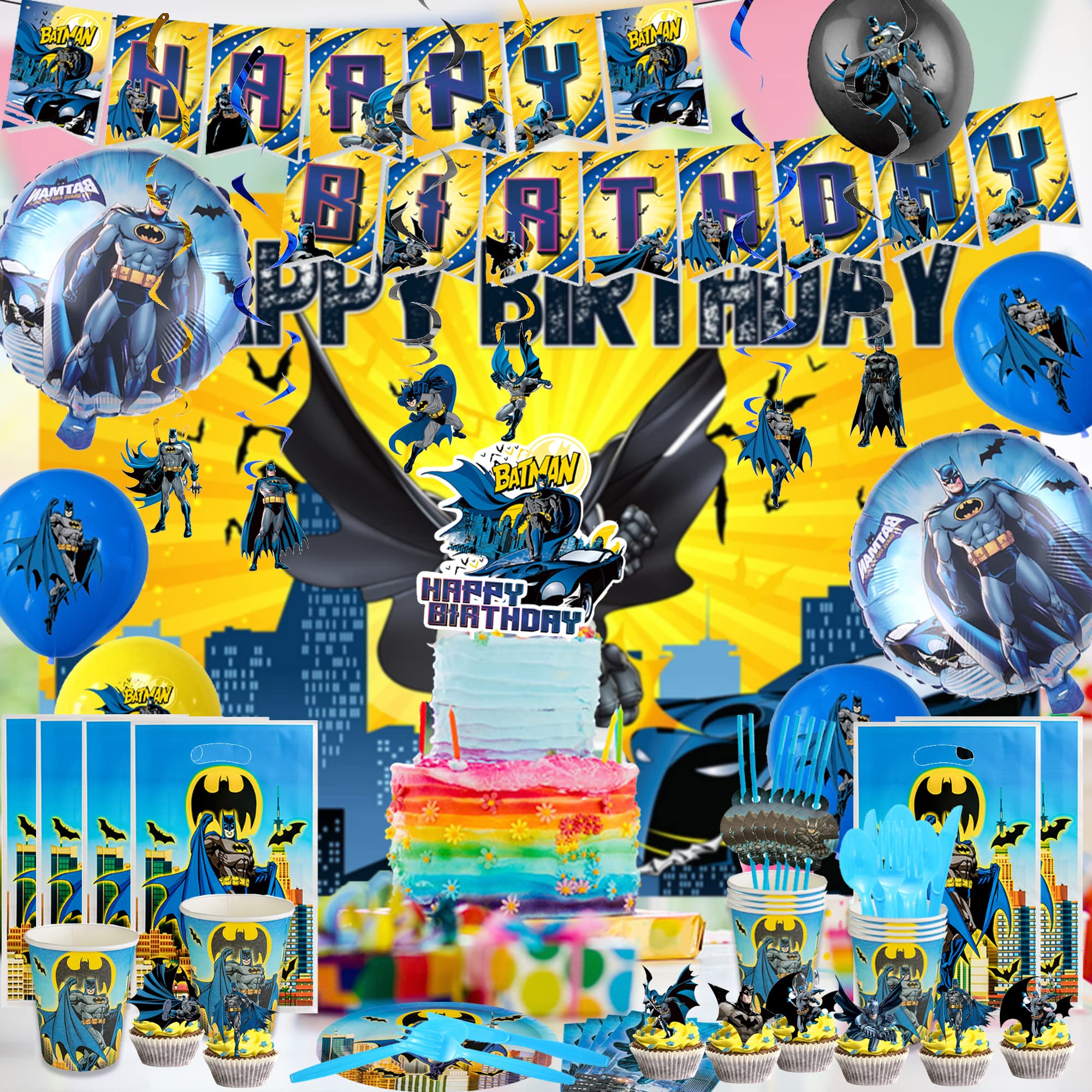 Superhero birthday party supplies, 192 Pcs Party Decorations Set Include Happy Birthday Banner, Sticker, Tableware, Plates, Table Cover, Swirls, Balloons