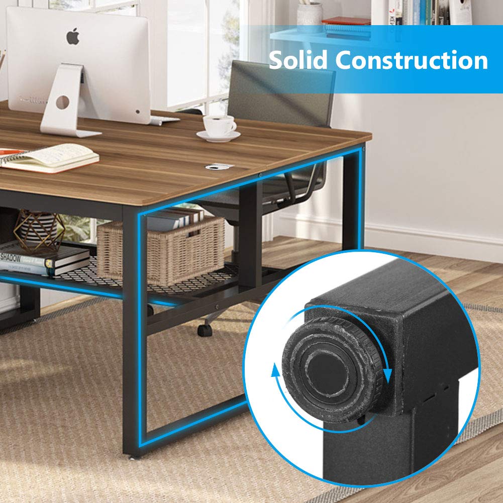Tribesigns Two Person Desk, 47 x 47 inch Extra Large Computer Desk with Open Storage Shelves, Double Workstation Office Desk Writing Study Desk for Home Office (Dk Walnut)