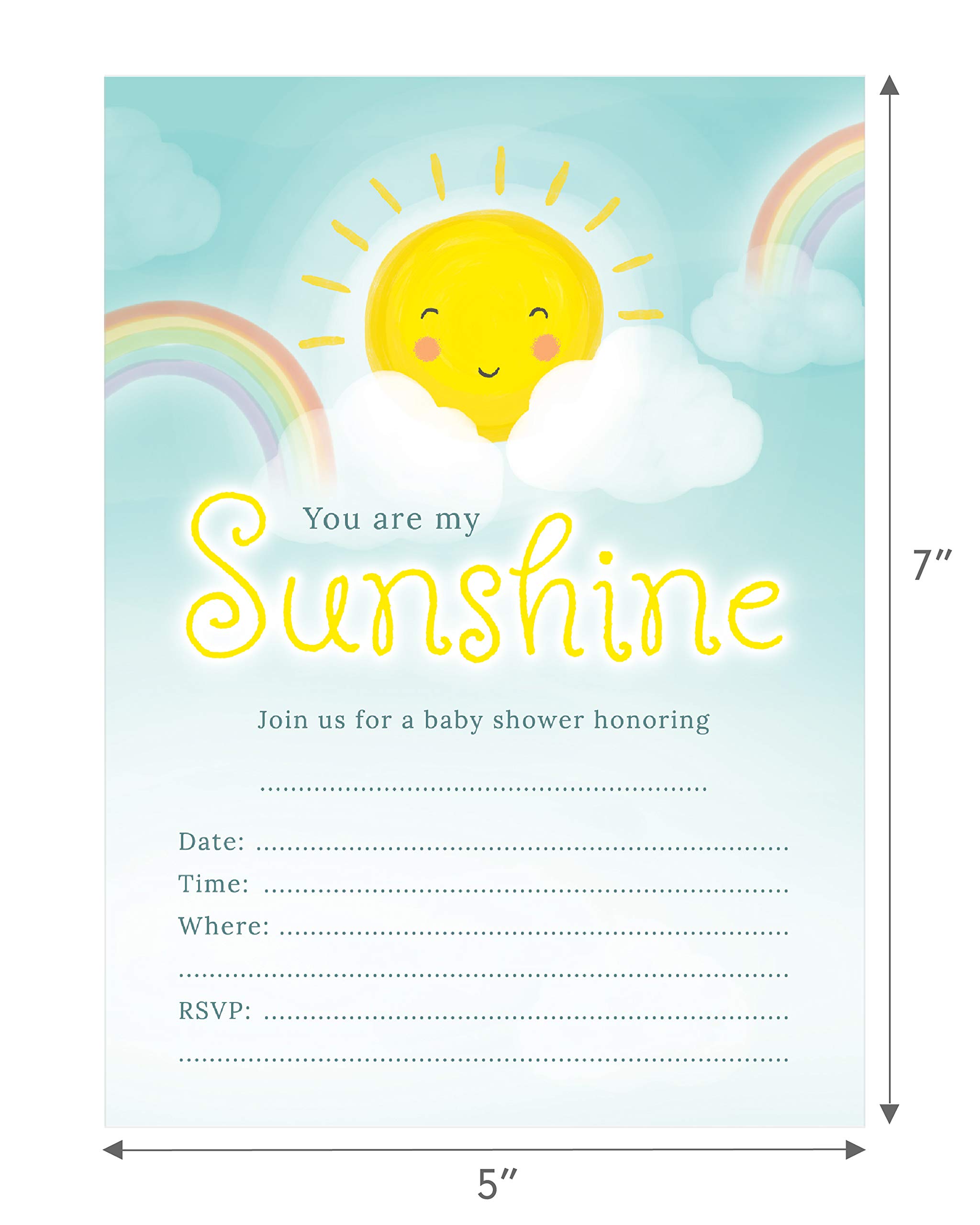 You are My Sunshine Gender Neutral 5x7 Baby Shower Invitations - 24 invites and 24 White envelopes