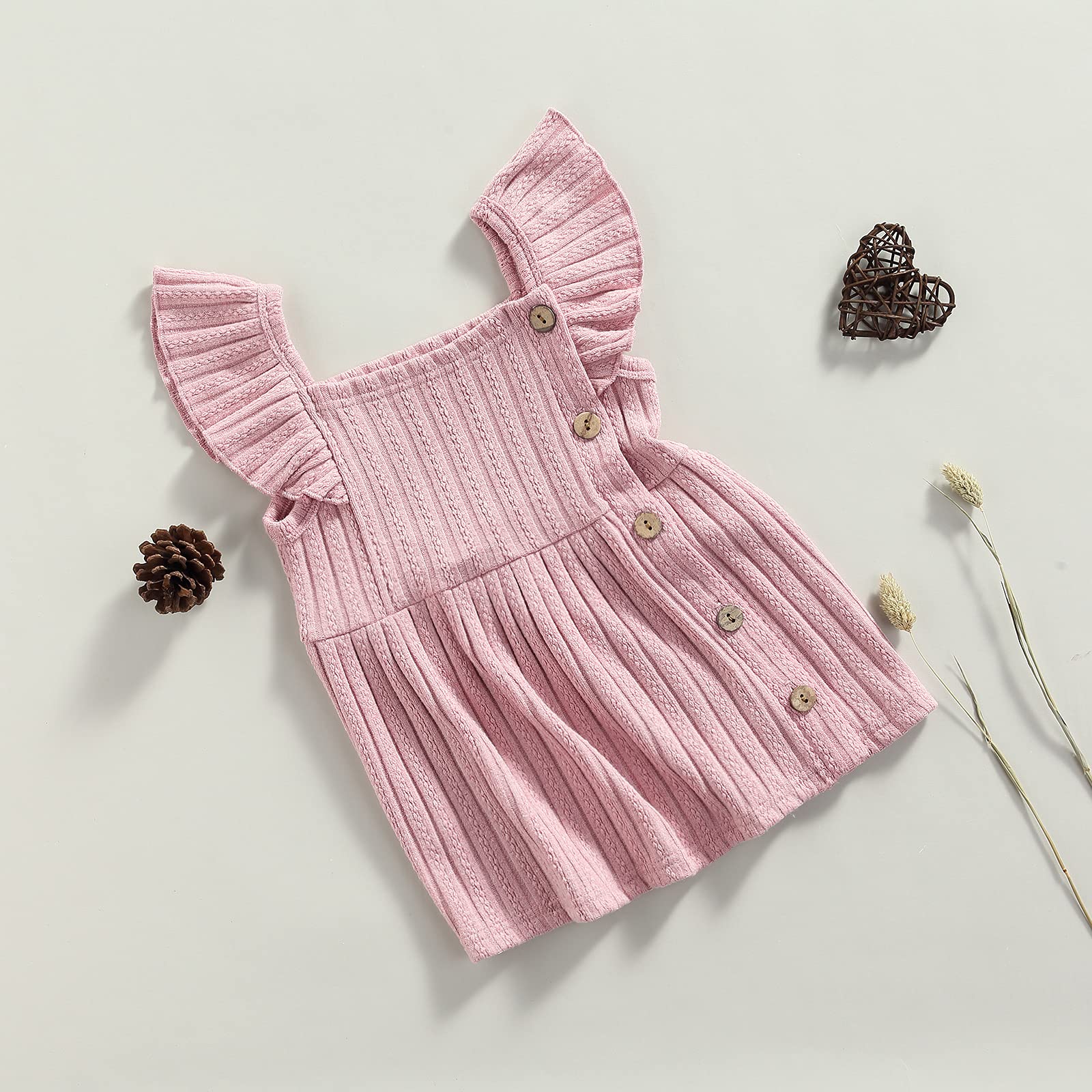 VISGOGO Kids Baby Girl Dresses Solid Color Ruffles Button Knitting Square Collar Outfits Clothes (Pink, 3-6 Months)