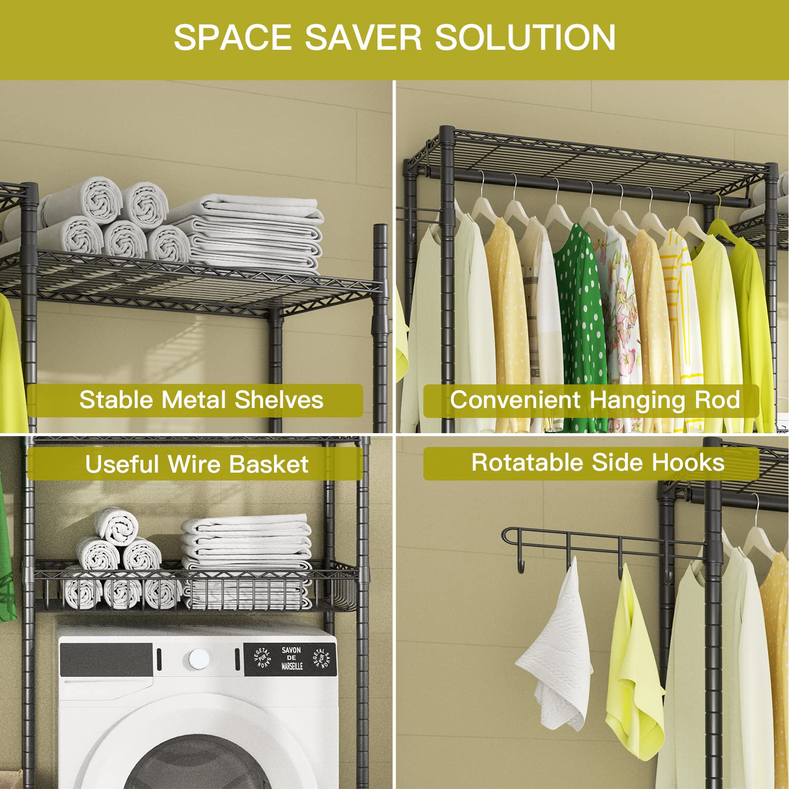 Ulif over Washer and Dryer Shelves, Laundry Room Storage Rack, Laundry Space Saver with Wire Basket and 2 Hooks, 57.8" L x 13.4" D x 76.7" H, Black