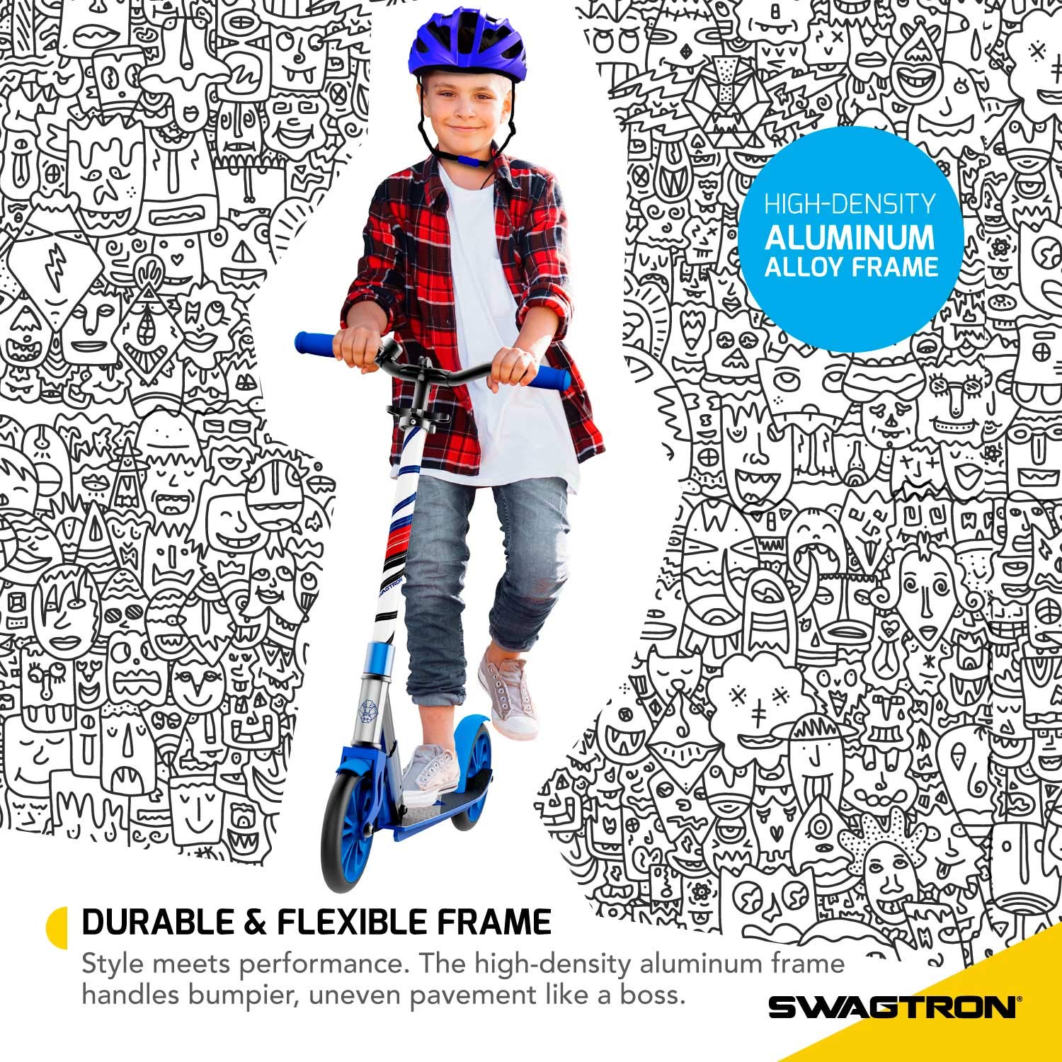 Swagtron K8 Titan Foldable Commuter Kick Scooter for Adults & Teens, Height-Adjustable, ABEC-9 Wheel Bearings, Cobalt Gray