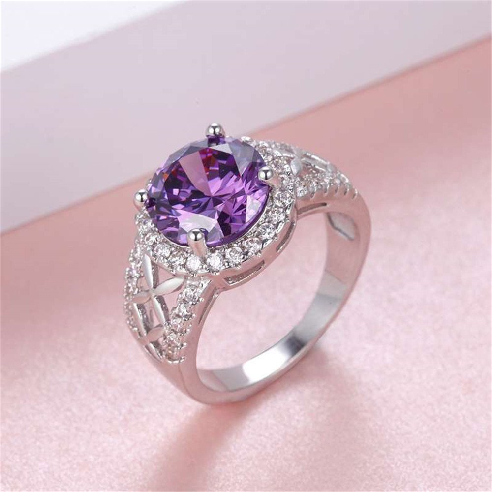 Uloveido Purple Cubic Zirconia Silver Wedding Band Bridal Jewelry Ring for Women J679-Silver-Purple-7