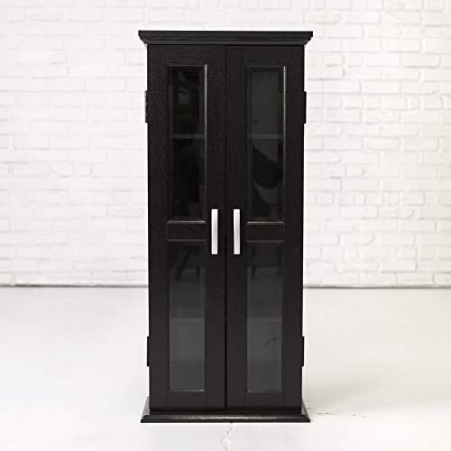 Walker Edison 4 Tier Shelf Living Room Storage Tall Bookshelf Cabinet Doors Home Office Tower Media Organizer, 41 Inch, Black
