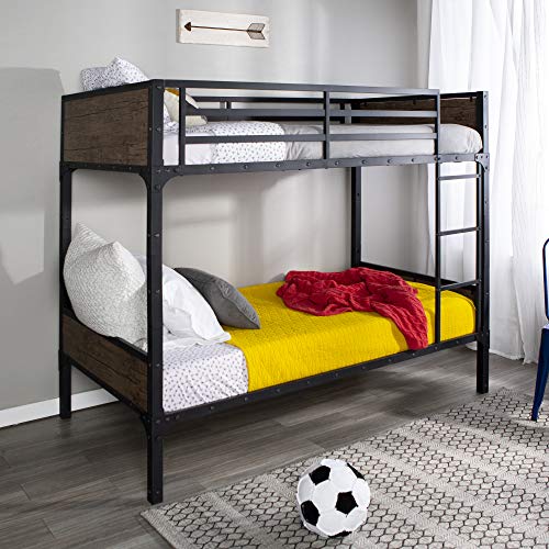 Walker Edison Rustic Wood and Metal Pipe Twin Over Twin Bunk Bed Bunk bed Kids Bed Bedroom Storage Guard Rail Ladder, Twin Over Twin, Marble