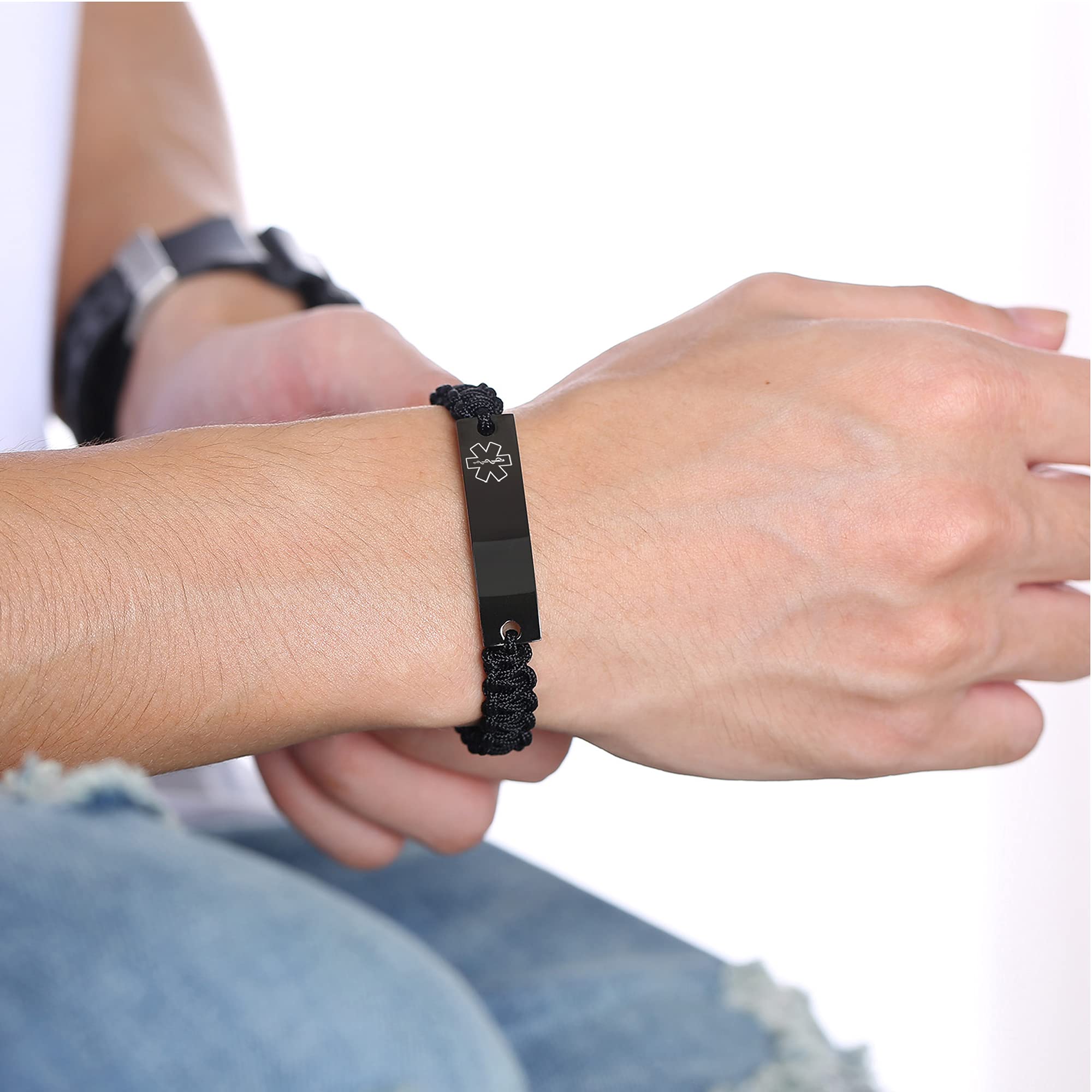 VNOX Custom Engraving Handmade Braided Rope Adjustable Medical Alert ID Bracelet Fits Adults,5.9-9 Inches