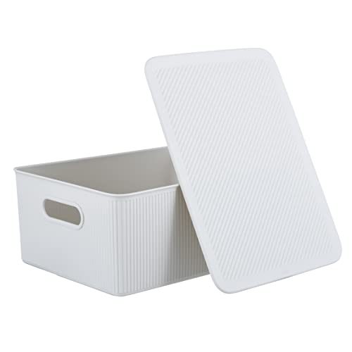 Superio Ribbed Collection - Decorative Plastic Lidded Home Storage Bins Organizer Baskets, Large White Smoke (2 Pack - 15 Liter) Stackable Container Box, for Organizing Closet Shelves Drawer Shelf
