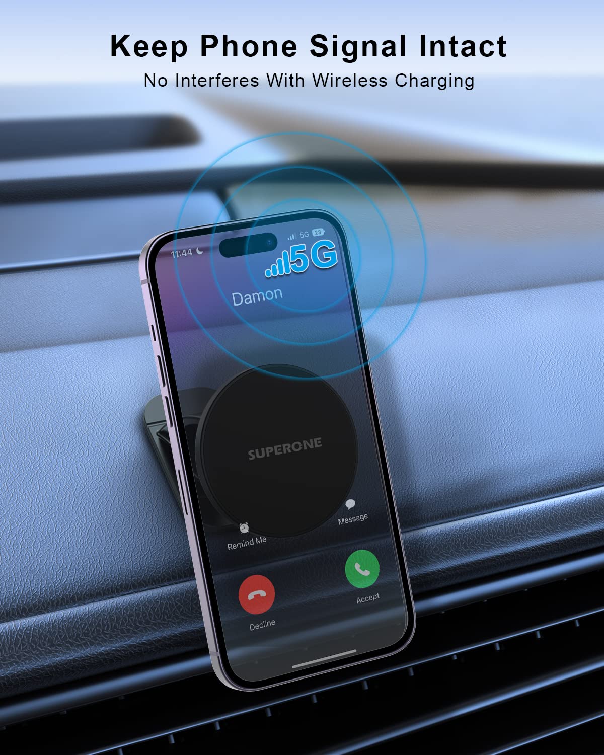 SUPERONE for MagSafe Car Mount, Strong [Never Drop] Magnetic Phone Holder for Car Dash, HandsFree 360° Rotation Phone Mount [Strongest 3M Adhesive] for iPhone 15 14 13 12 & MagSafe Case - Black