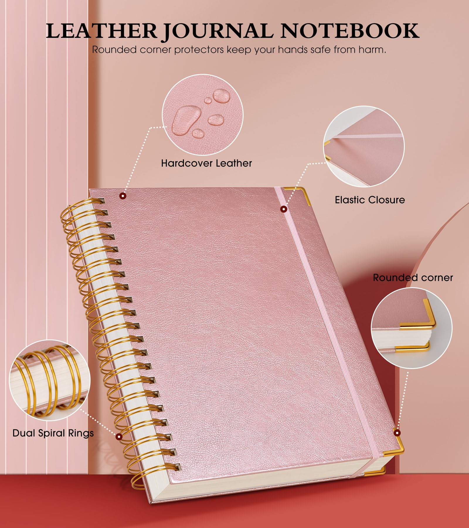 Spiral Notebook Journal 8.5” x 11”, 300 Pages Hardcover Leather Lined Journals for Women Men, A4 Large College Ruled Notebooks with 100 GSM Thick Paper, Spiral Journal for Writing Work School, Pink