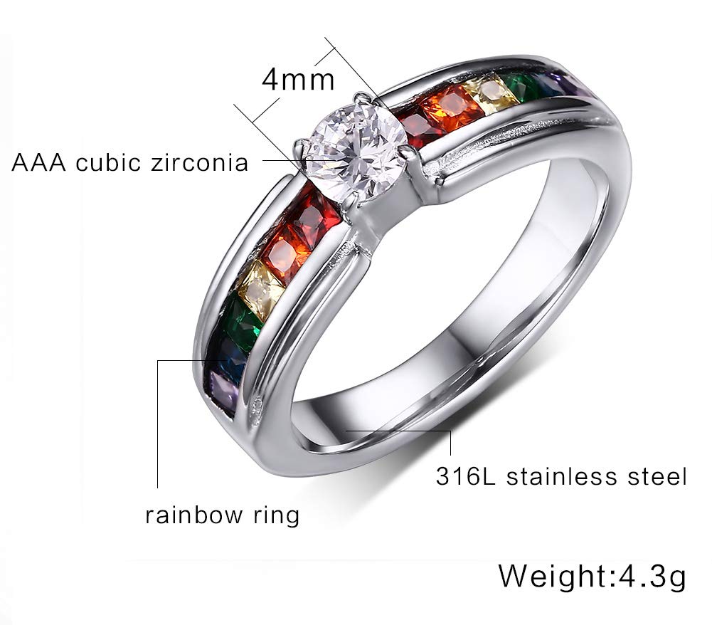 VNOX Stainless Steel Gay Pride Rainbow CZ Relationship Engagement Promise Rings Weeding Band for Lesbian,Size 8