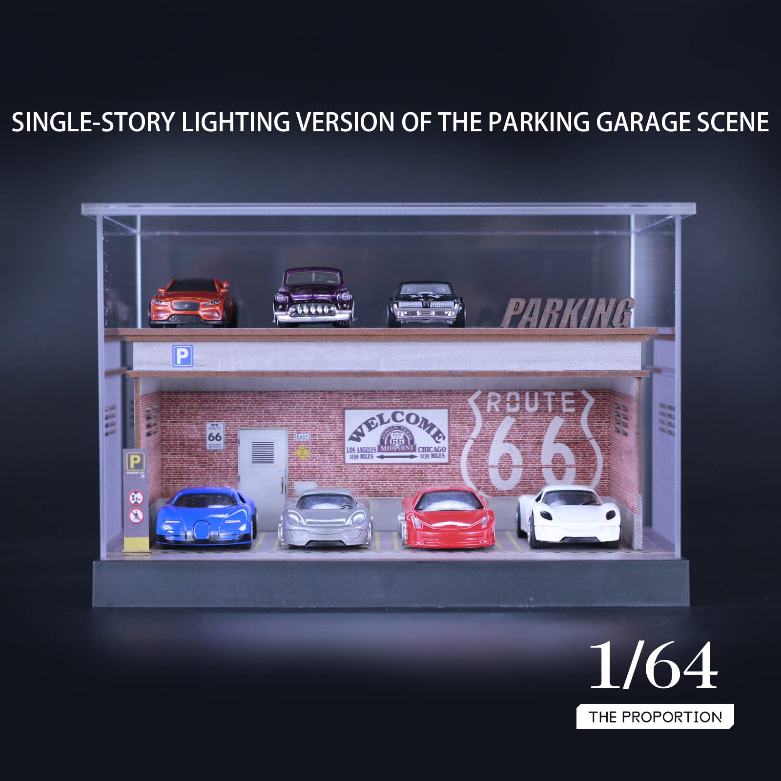 SIKIVOT 1/64 Scale Hot Wheels Display Case ,Parking Lot Model Car,Die-cast Car Garage Display Case, Hot Wheels Parking Garag,8 Parking Space with LED Light and Acrylic Cover (7641 Red Brick Wall