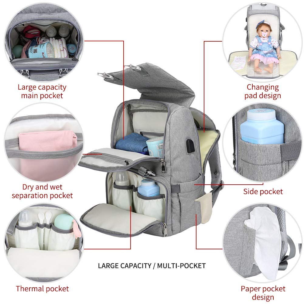 ZIRUNG Diaper Bag Backpack, Multifunction Travel Back Pack Maternity Baby Changing Bags with Changing Pad & Stroller Straps & Built-in USB Charging Port, Large Capacity, Waterproof and Stylish,Red