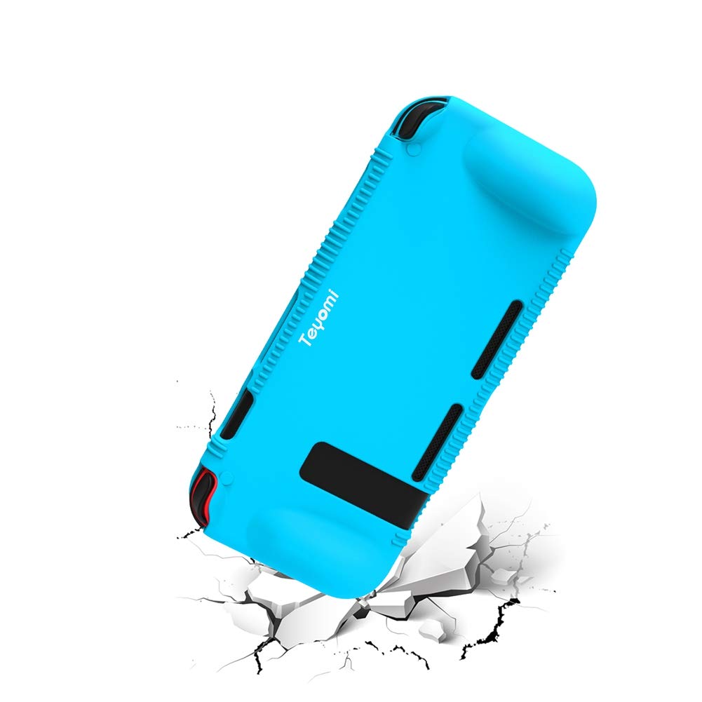Teyomi Protective Silicone Case for Nintendo Switch, Grip Cover with Tempered Glass Screen Protector, 2 Storage Slots for Game Cards, Shock-Absorption & Anti-Scratch (Blue)