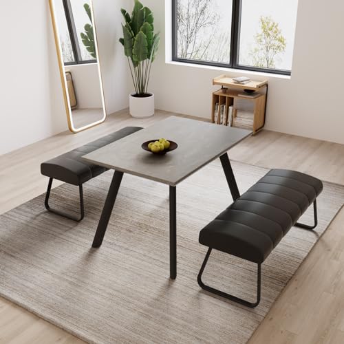 ZckyCine 47.2-inch Four-Person Dining Table Set with 2 Benches, Metal Frame and Wooden Combination, Space-Saving Design, Suitable for Home Kitchens and Restaurants (3-Piece Set)