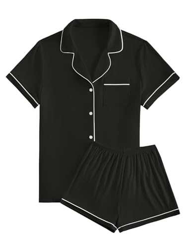 Umenlele Women's 2 Piece Pajama Set Short Sleeve Soft Sleepwear Button-Down Loungewear Black# Small