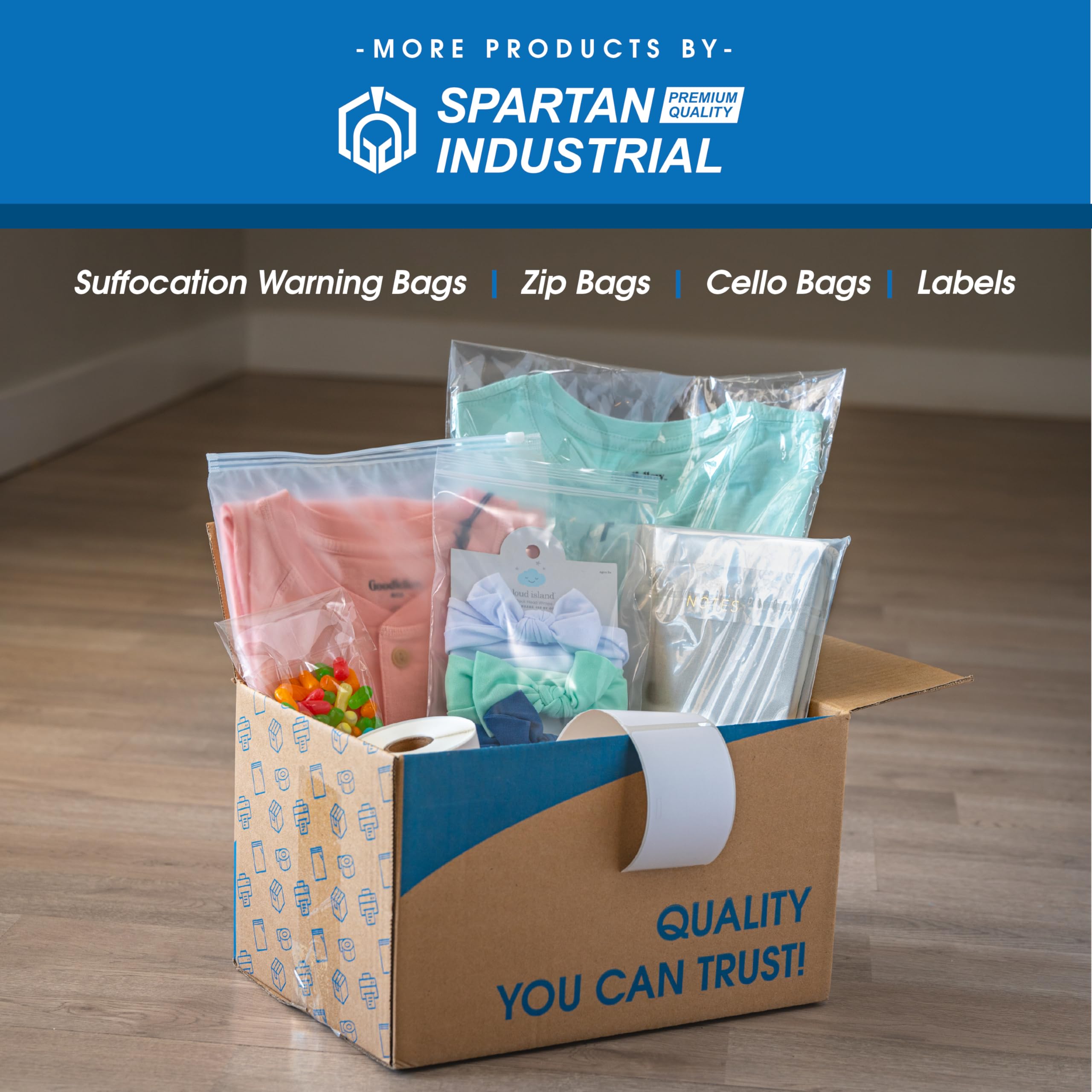 Spartan Industrial - 12" X 15" (500 Count) Self Seal Clear Poly Bags with Suffocation Warning for Packaging, Clothes & FBA - Permanent Adhesive