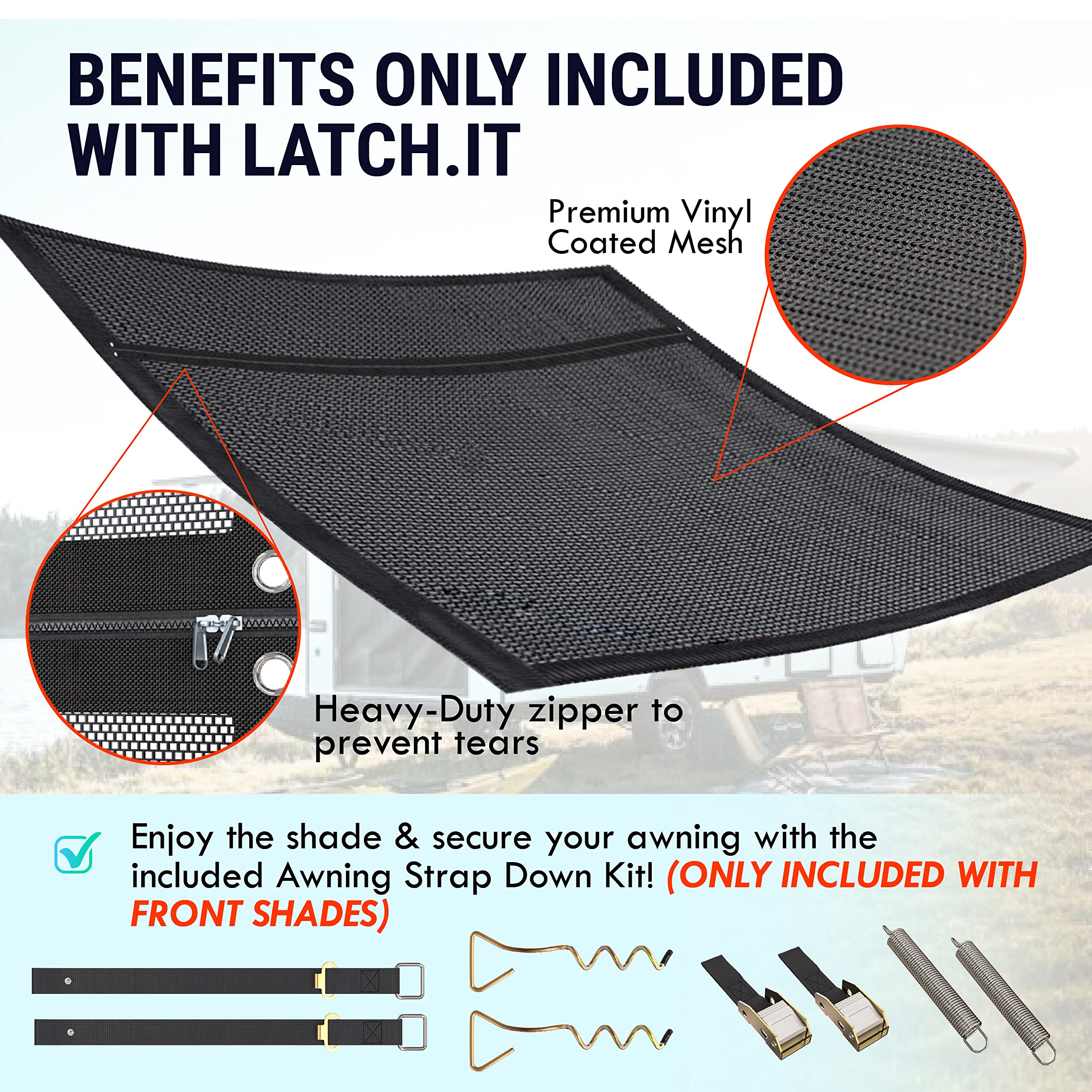 RV Sunscreen Shade for Awning V2.0 | 8’x15’3” | Front RV Screen Awning + Metal Anchor Kit | RV Awning Sun Blocker | Zippered RV Awning Shade Screen | Wind Protection, Shade & Privacy!