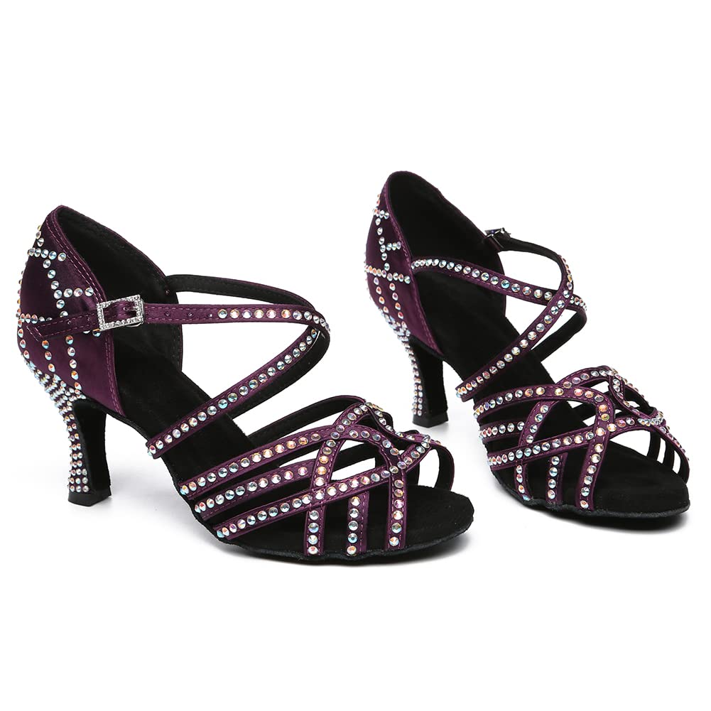 SWDZM Women's Latin Dance Shoes Rhinestone Ballroom Salsa Chacha Professional Performance Practice Dancing Shoes,L483-Purple-7.5,US 5.5