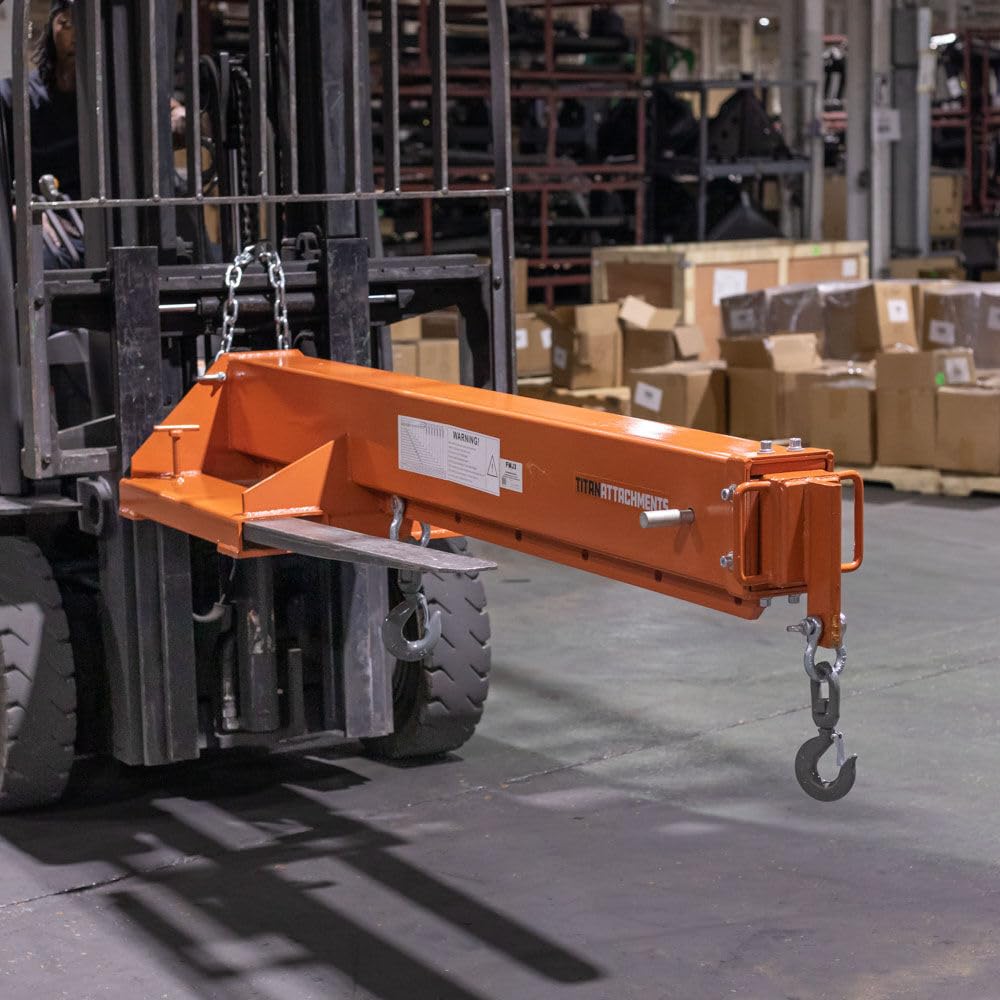 Titan Attachments Fork Mounted Adjustable Hoist Jib Boom Crane, Manual Telescopes 79"-147", 6000 LB Lift Capacity, Two 3 Ton Swivel Hooks, Ideal for Warehouse or Factories