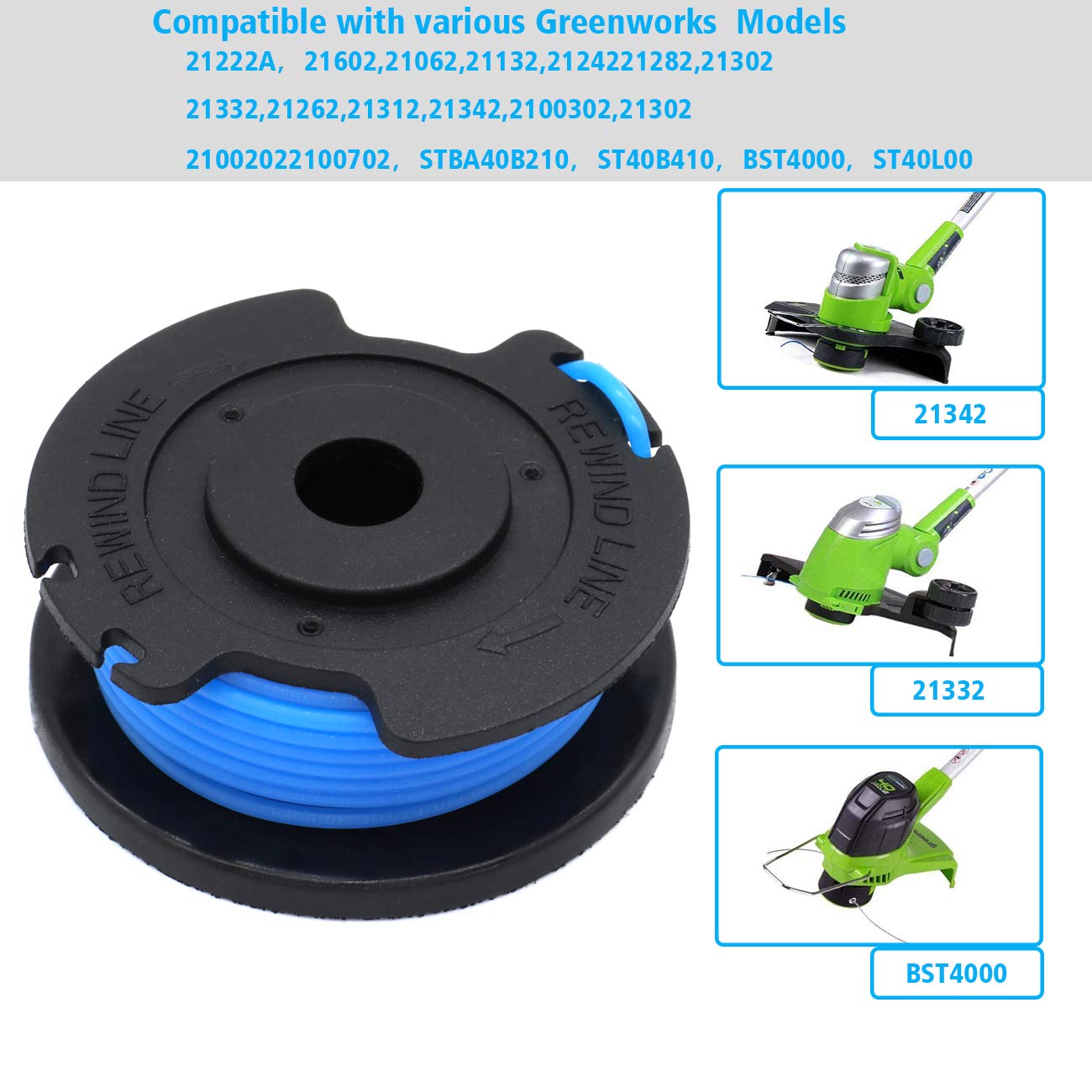 Trimmer Replacement Spool 29092 Compatible with Greenworks Weed Eater String 24V and 40V Cordless Edger Spool Refills Parts, 0.065 inch greenworks trimmer string replacement Line (8 Packs Plus 2 Cap)