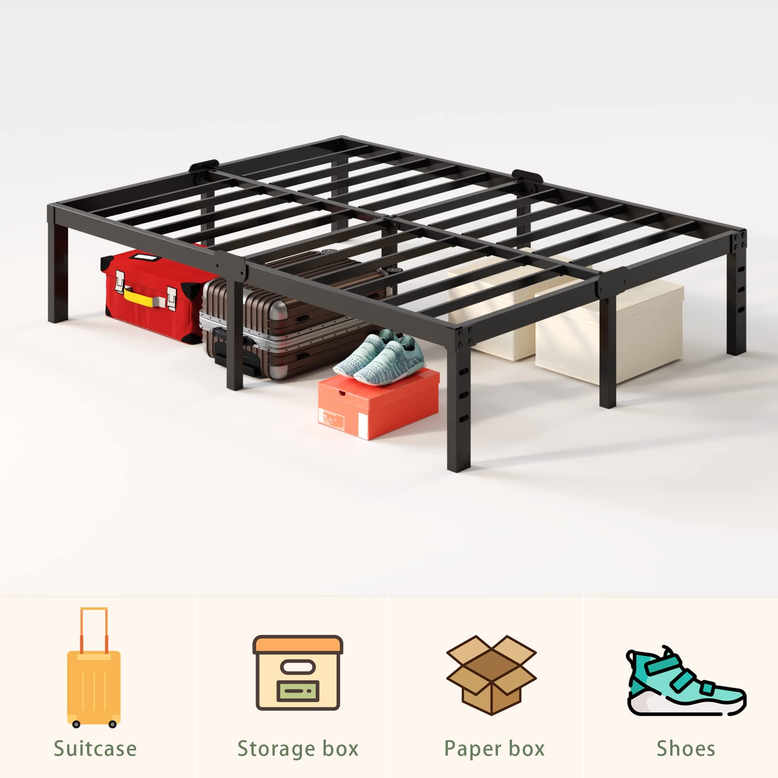 xtfei 18 Inch King Size Bed Frame No Box Spring Needed, 3000lbs Heavy Duty Metal Frames with Steel Slats Support Easy Assembly Under Bed Storage Noise Free Black