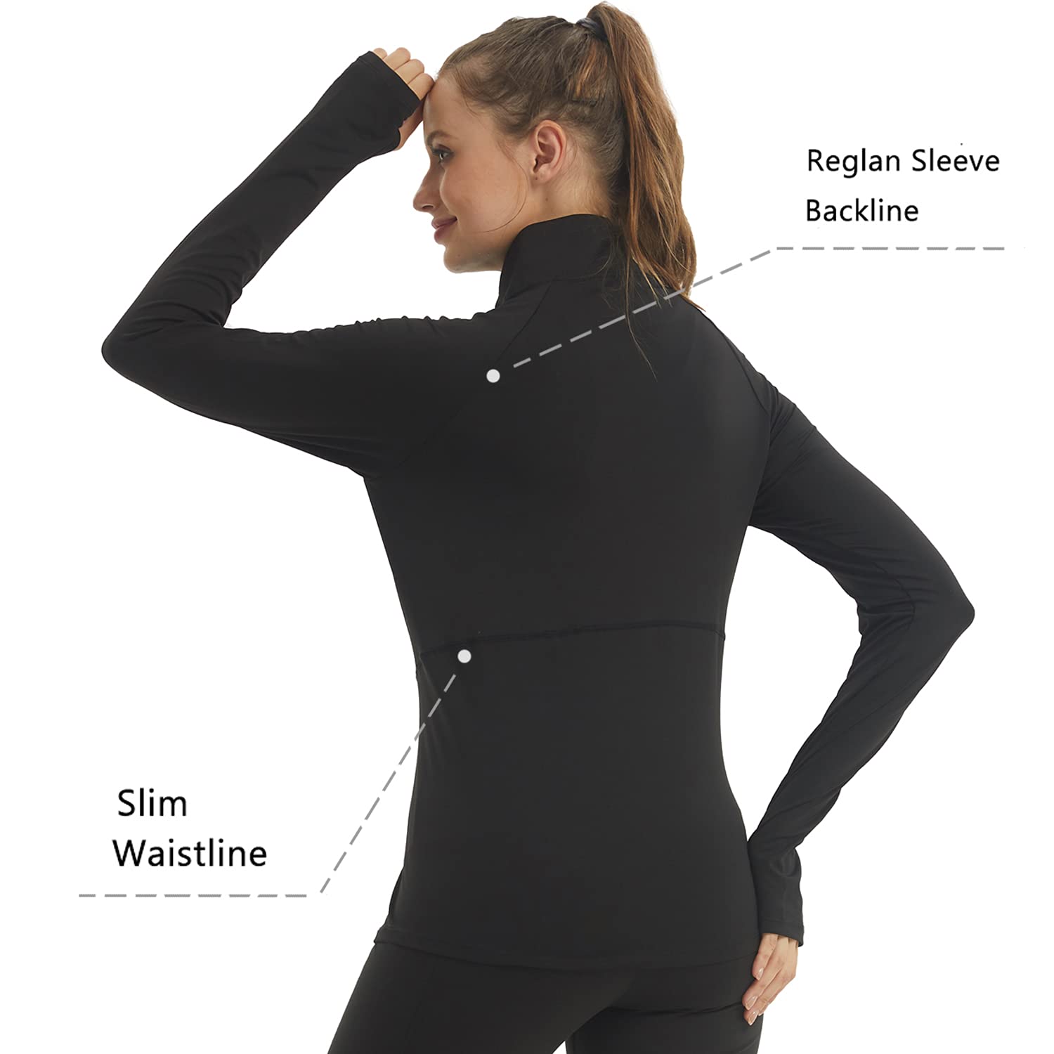 Womens Running Shirt 1/4 Zip Pullover Wick Yoga Jacket with Thumb Hole, Black, Small