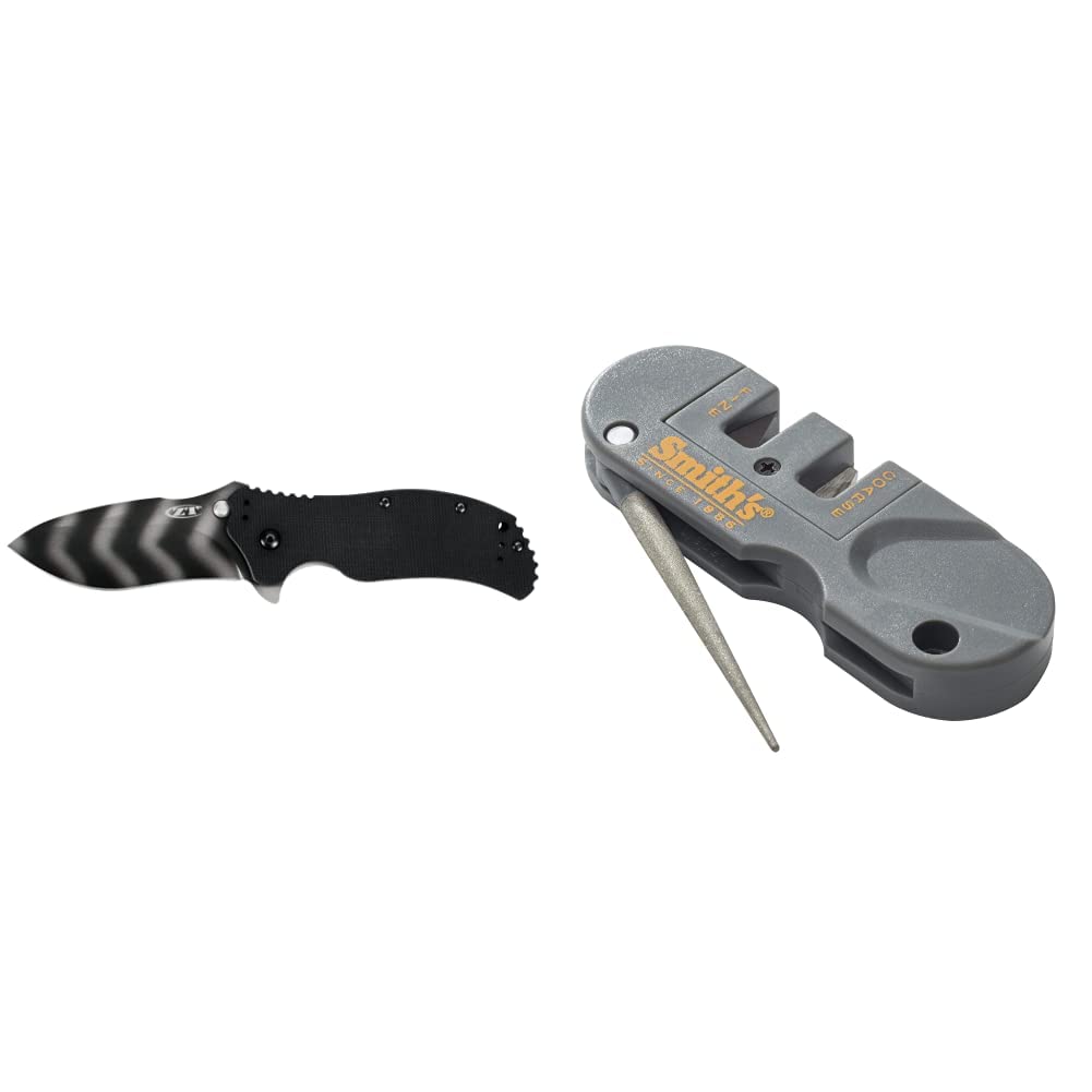 Zero Tolerance 0350TS; Folding Pocket Knife;6.2OZ. & Smith’s PP1 Pocket Pal Knife Sharpener Preset Carbide & Ceramic Stone Sharpeners Fold-Out Diamond Coated Rod Outdoor Hunting Knife & Hook Sharpener