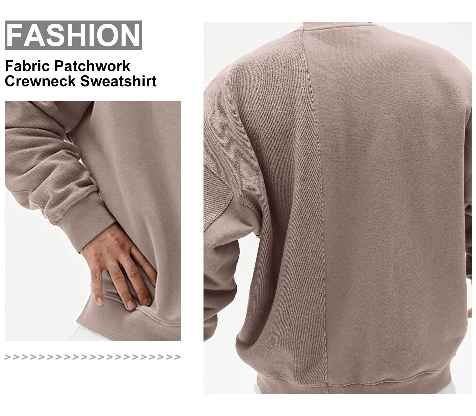 Surenow Mens Patchwork Crewneck Sweatshirt Long-Sleeve Lightweight Terry Sweatshirt Casual Workout Pullover Shirt Tops Khaki
