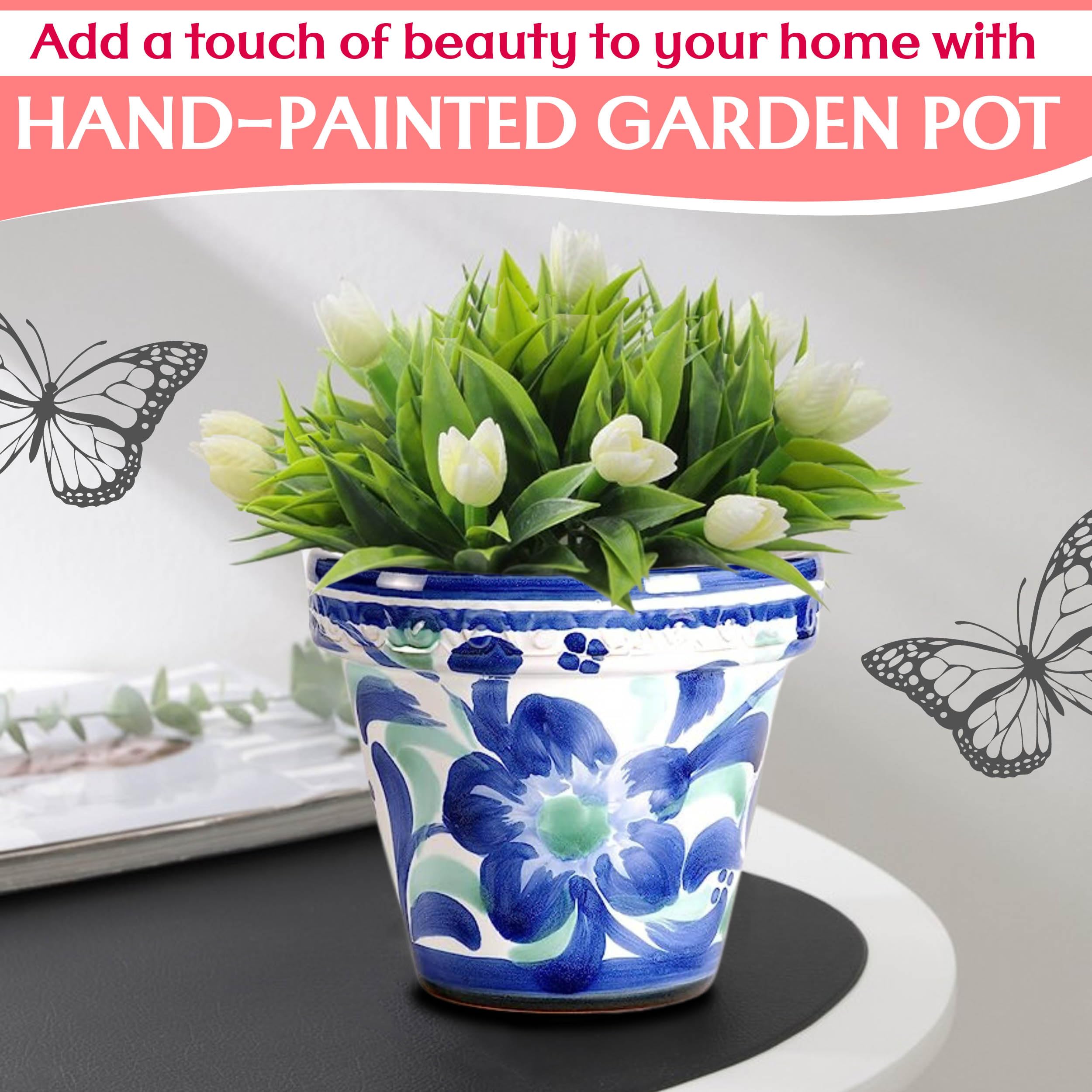 Villa Imports Spanish Hand-Painted Flower Pot - Bring a Touch of Spain to Your Home (6.5") (Blue Flower)