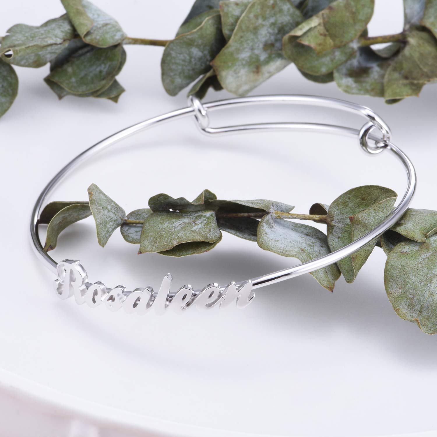 RMREWY Sterling Silver Personalized Name Bracelet Handmade Engrave Name Adjustable Bangle Custom Jewelry Christmas Gift for Women Mom