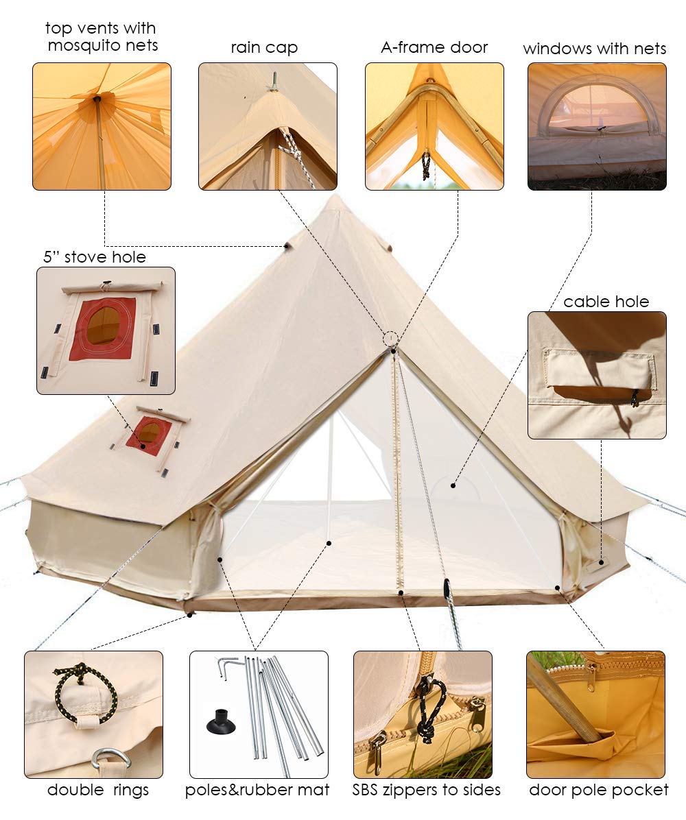 UNSTRENGH Large Beige Luxury 4-Season Camping Cotton Canvas Bell Tent Double Doors Camping Hunting Tent with Stove Jack Hole, Cable Hole