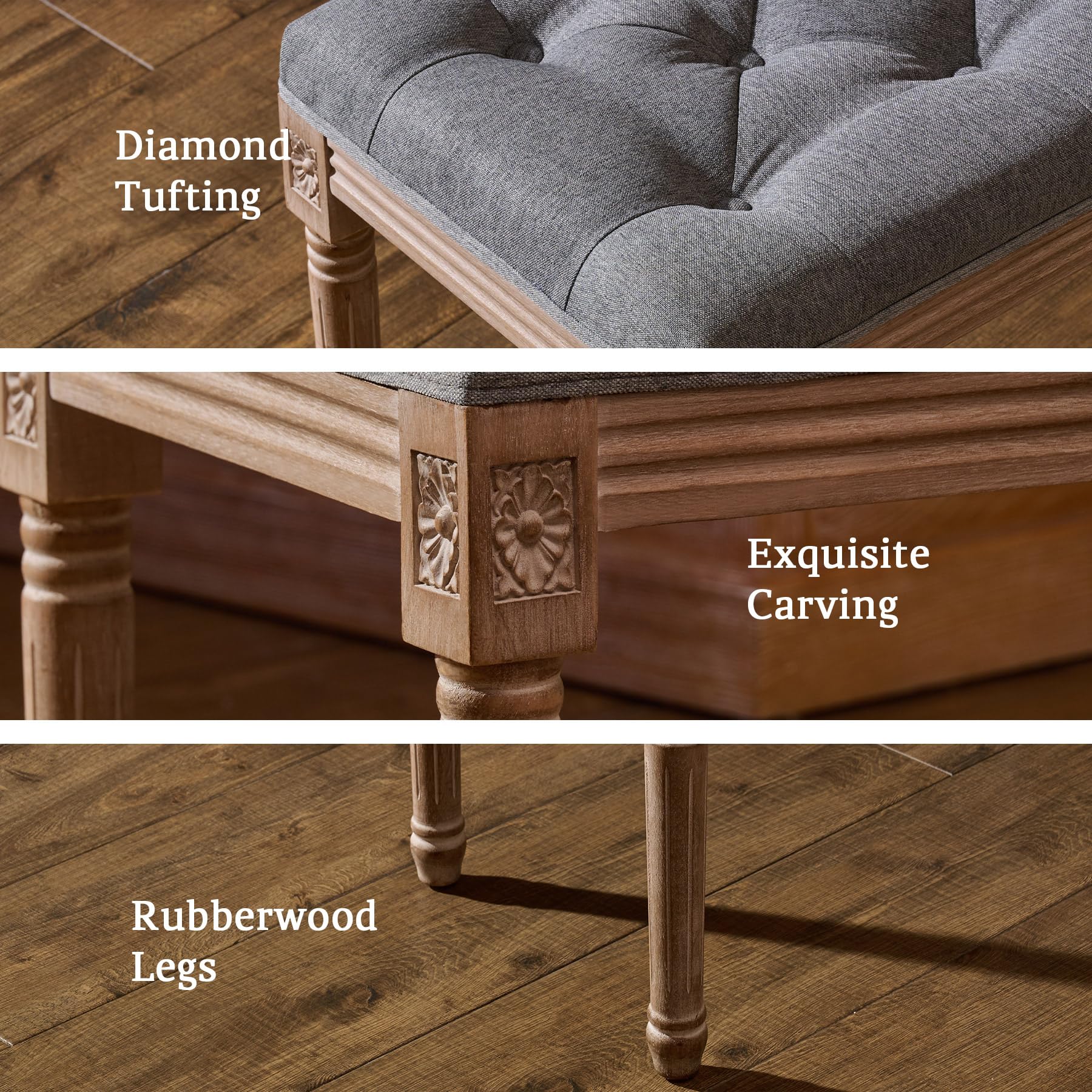 VONLUCE Vintage Bench, 31 in x 16 in, Beige Rubberwood, Button Tufted, with 2 Layer Padding, for Foyers, Entryways, Piano, Dining, Living Room