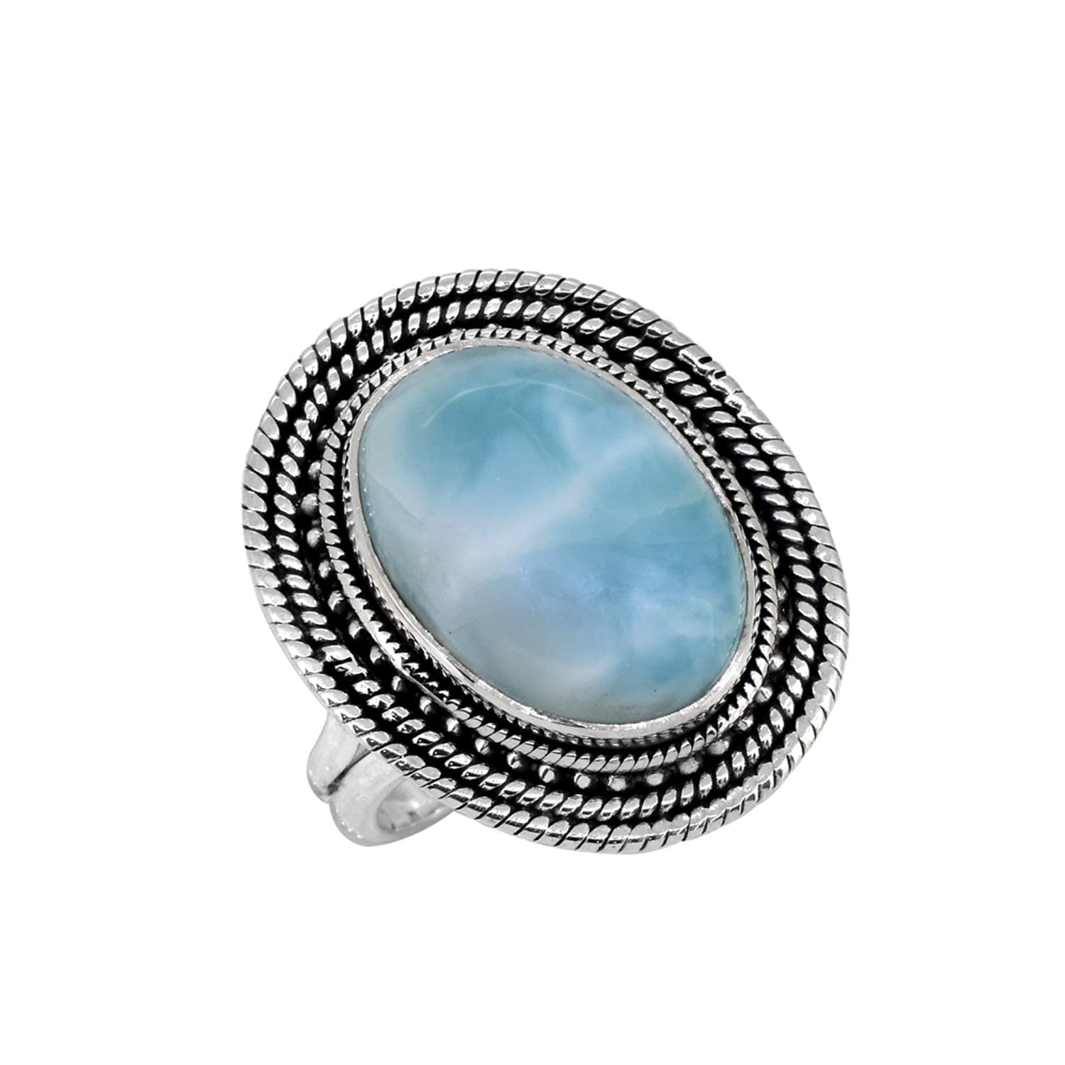 YoTreasure Natural Larimar Oval Shape Ring Solid 925 Sterling Silver Gemstone Jewelry