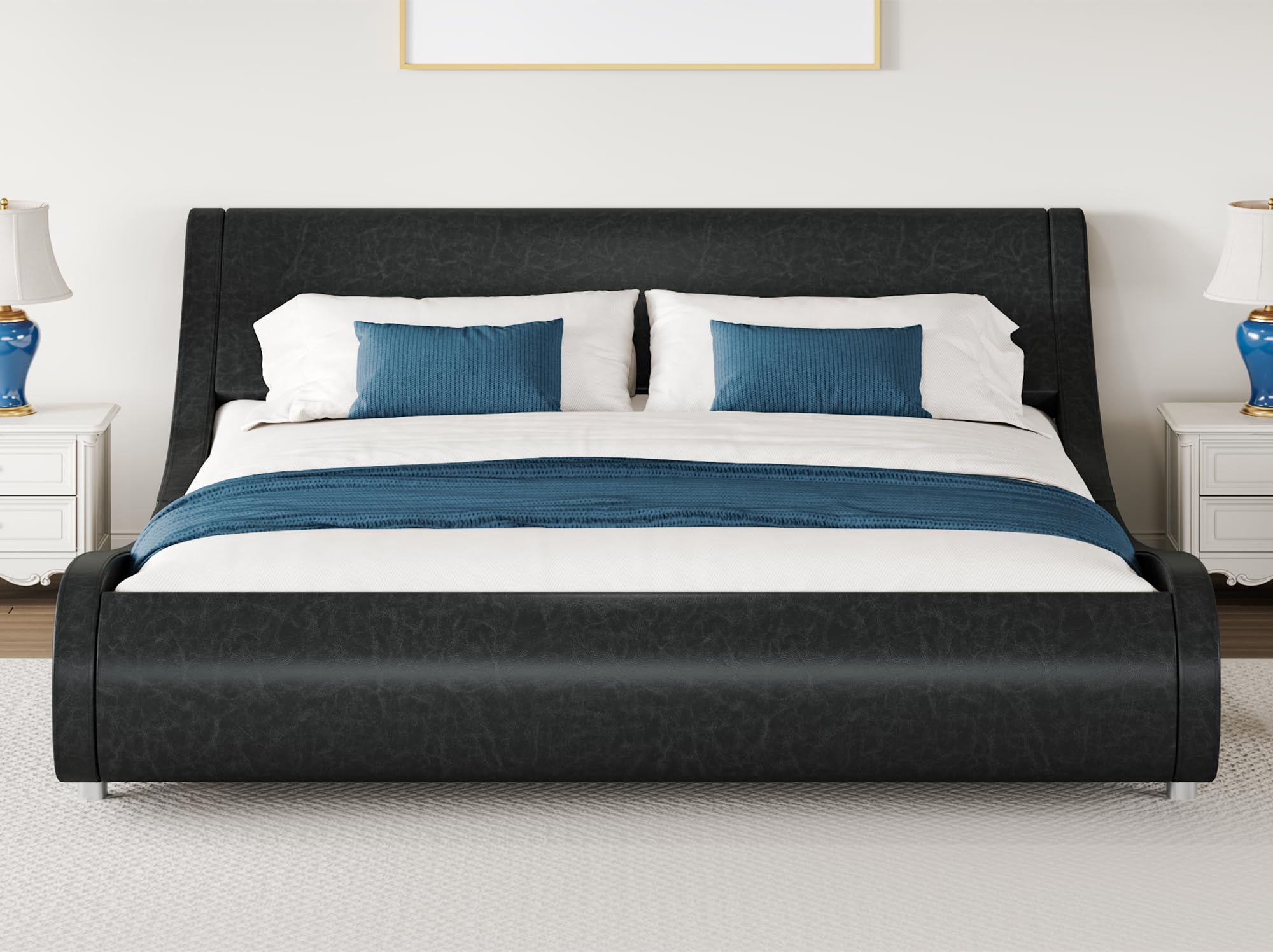 WEEWAY Modern King Size Upholstered Platform Bed Frame, Faux Leather Sleigh Bed with Adjustable Headboard, Strong Wood Slats Support, No Box Spring Needed, Black