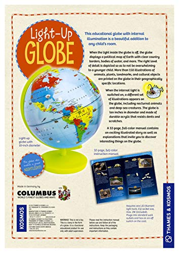 Thames & Kosmos Kids First Light Up Globe - Handcrafted, Acrylic - Made in Germany by Columbus Globes - 10", Illuminated LED Light-Up Political Map with Nocturnal Animals & Deep Sea Creatures