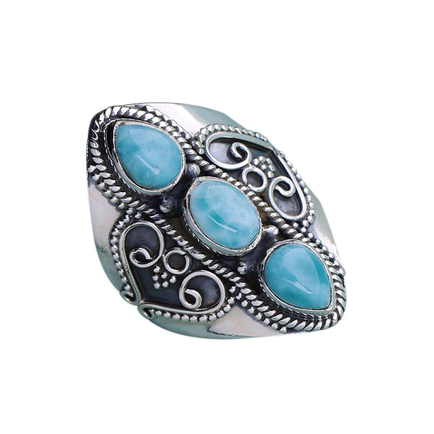 YoTreasure Natural Larimar Ring 925 Sterling Silver Rope Design Boho Three Stone Jewelry