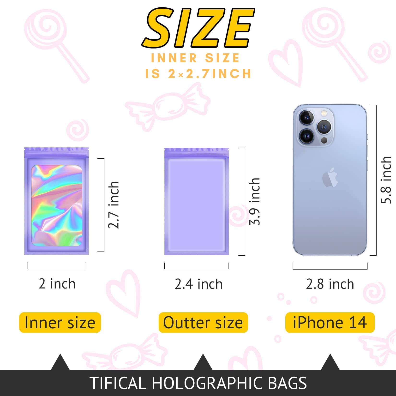 TIFICAL Holographic Sample Resealable Bags for Small Business, Foil Freshies Bags for Food Storage,Packaging, Eyelash, Jewelry, Lip Gloss,Smell Proof, 100 PCS