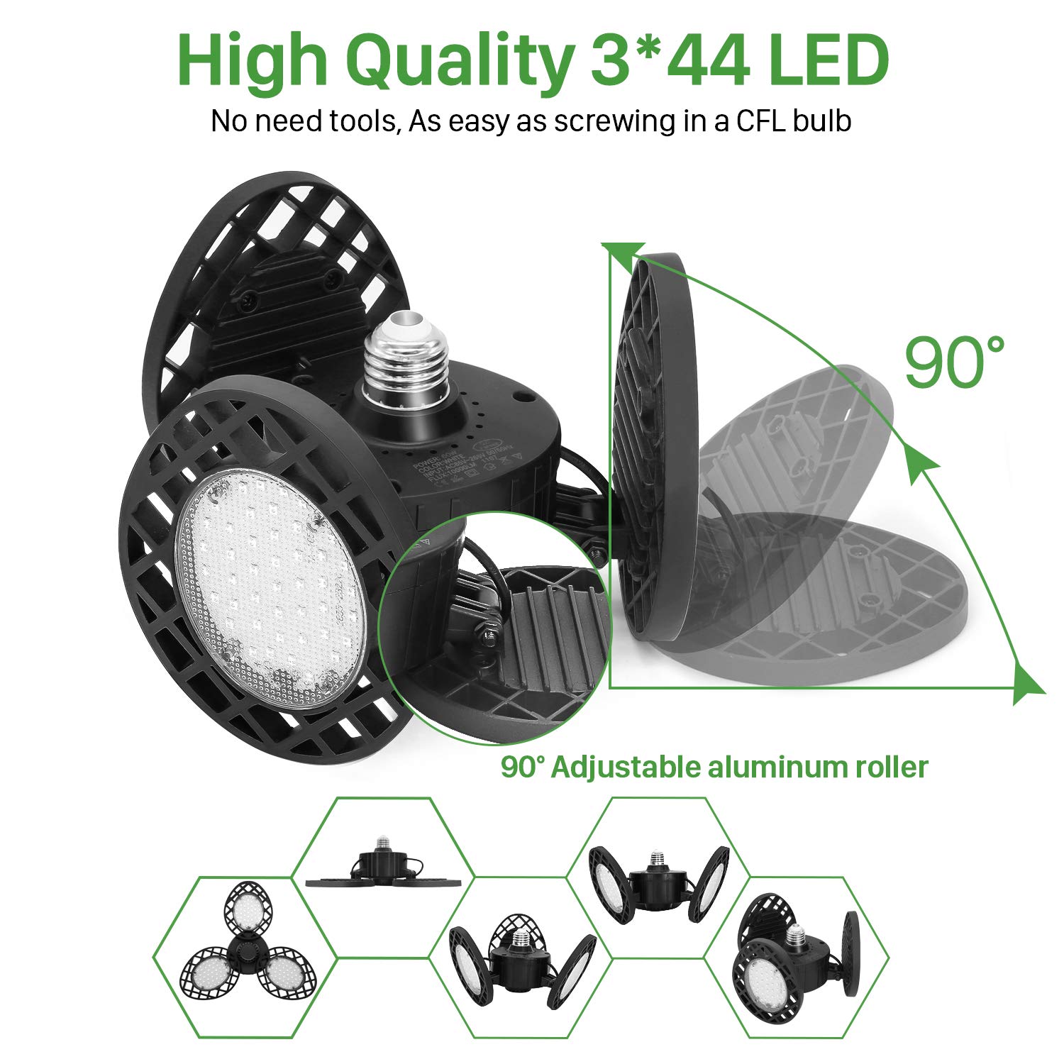 Triple Glow LED Garage Lights, New 6000Lumens Three Leaf Deformable Tribright Garage Light Ceiling LED with 3 Adjustable Panels, 60W E26 Illuminator 360 Garage Light Fixture for Garage, Barn, Shop