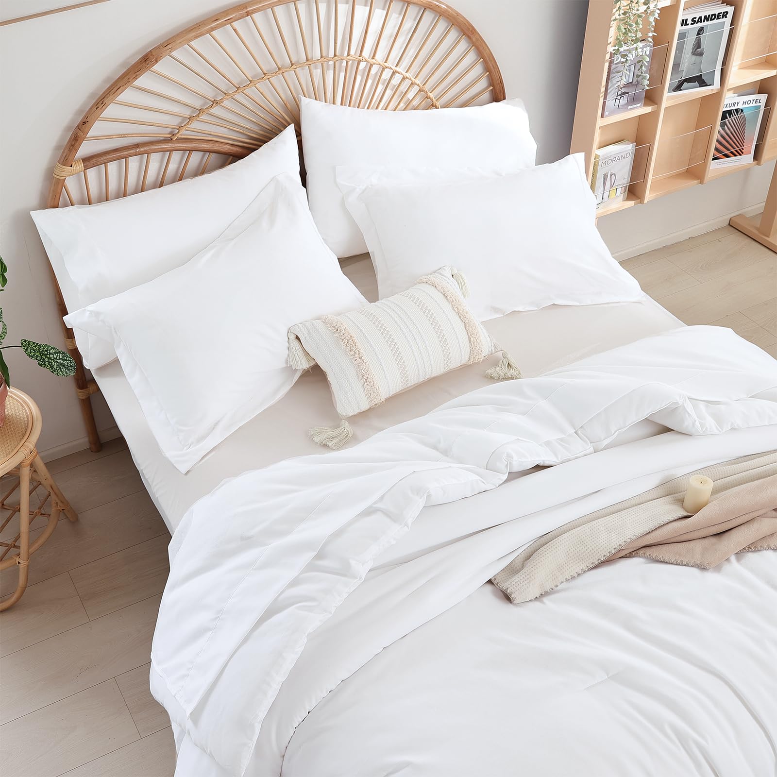 weigelia Full Size Comforter Set 7PCS White Boho Bed Comforter for Women and Men Microfiber Fluffy Comforter Set Full Comforter Set with Sheets and Pillow Shams Ultra Soft Lightweight All Season