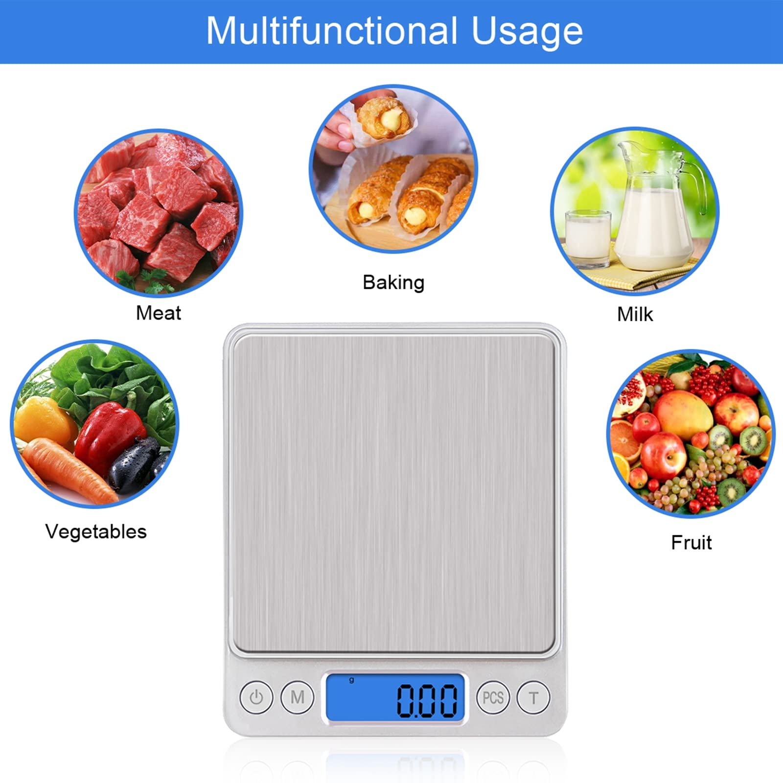 UNIWEIGH Digital Kitchen Scale, 500g/0.01g Gram Scale,Cooking Food Scale Digital Weight Grams and OZ with LCD Display, Digital Jewelry Coffee Scale with 2 Trays,Auto Off, Tare,Stainless Steel