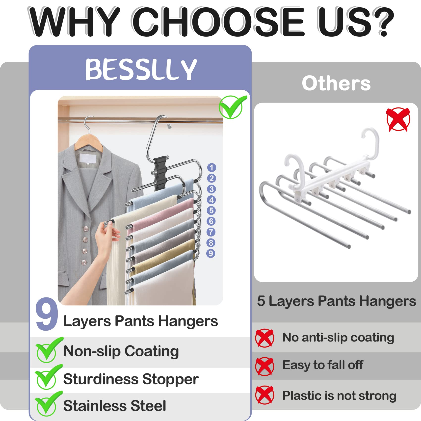 Upgrade 9 Layers Pant Hangers Space Saving, Non Slip Stainless Steel Multifunctional Pants Rack S-Type Clothes Pant Closet Hanger Organizer with Hooks for Pants Jeans Trousers Scarf (4 Pack, Black)