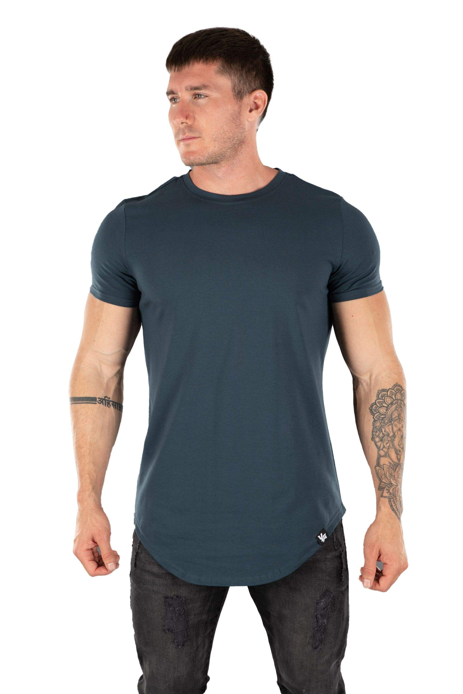 YoungLA Mens Designer Fitted T-Shirts Long Drop Cut Tee Workout Gym 402 Bk L Black