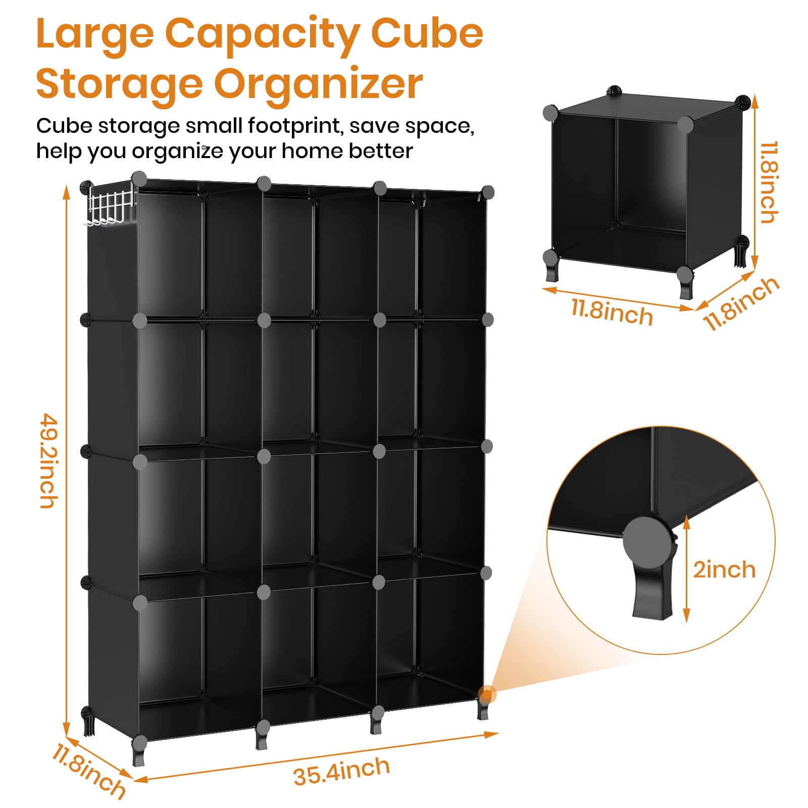 VTRIN Cube Storage Organizer, Large Capacity 12 Cube Storage Shelf Bookshelf DIY Stackable Plastic Cubby Shelving Cube Organizers for Closet, Bedroom, Living Room, Home Office, Black