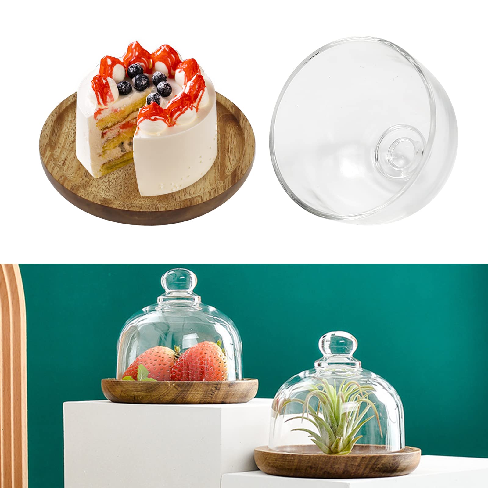 UOIENRT Dessert Cake Cover Display with Base, Acaciawood Flat Round Wooden Cake and Dessert Server, Cake Stand with Glass Bell Dome