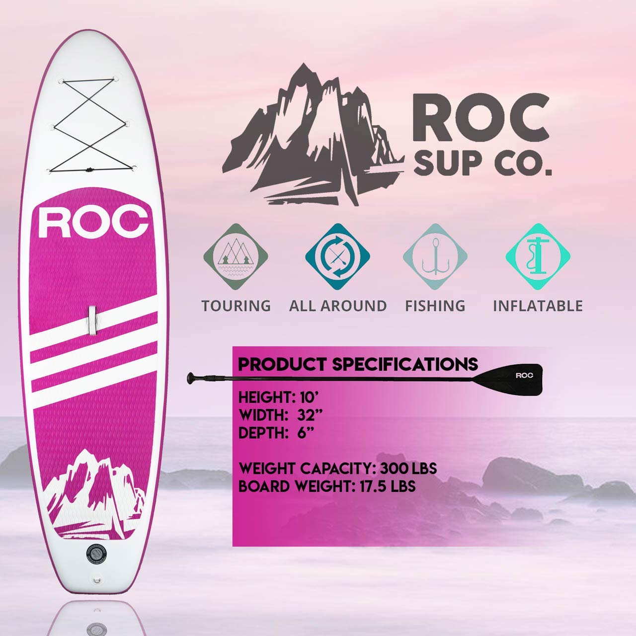 Roc Inflatable Stand Up Paddle Boards with Premium SUP Paddle Board Accessories, Wide Stable Design, Non-Slip Comfort Deck for Youth & Adults (Pink-Pink)