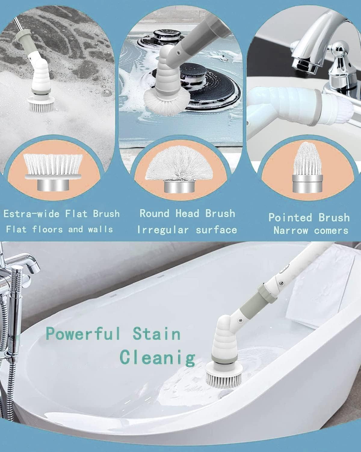 Upgraded Electric Spin Scrubber, 360 Cordless Bathroom Tub and Tile Floor Scrubber,Shower Scrubber for Cleaning,Multi-Purpose Power Cleaner with 3 Replaceable Cleaning Brush Scrubber Heads(Gray)