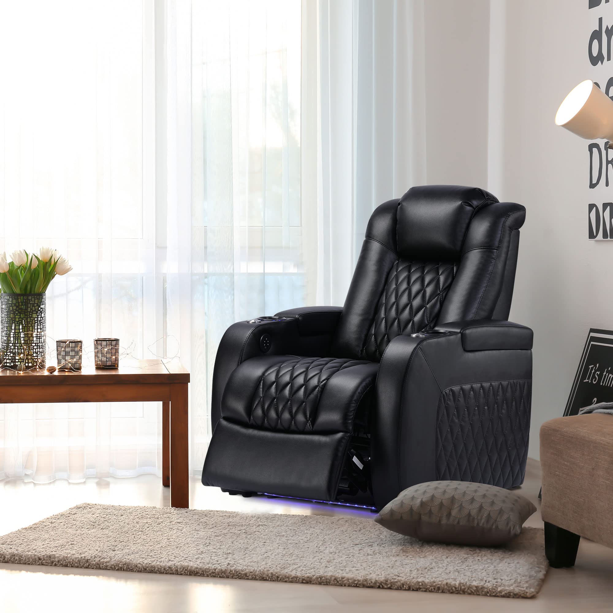 Weilianda Home Theater Seating Top Grain Leather Recliner Chair with Dual Power,Type-C USB Charge,and Wireless Charging with Tray Table - Black
