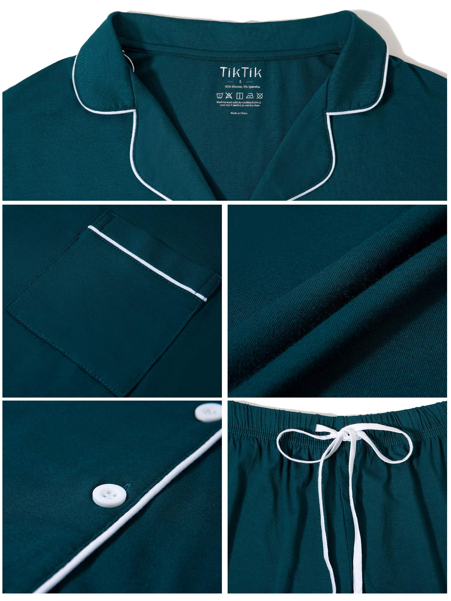 TIKTIK Pajamas Set Short Sleeve Sleepwear Womens Button Down Nightwear Soft Pj Lounge Sets with Pocket S-4XL, Peacock Green, Large